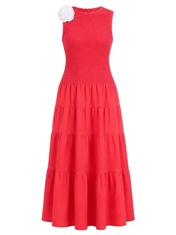 MARIELĒ Valentina Linen Maxi Dress With Detachable Flower Pin - Red