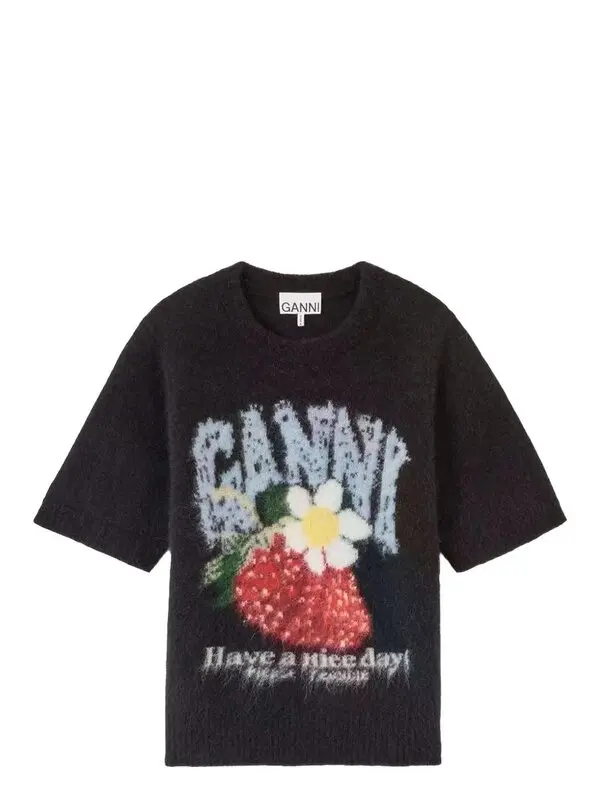 GANNI Brushed Strawberry Motif Knit Sweater - Black