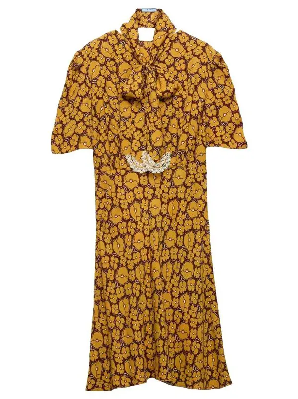 Prada Embroidered Floral Print Sablé Dress - Yellow