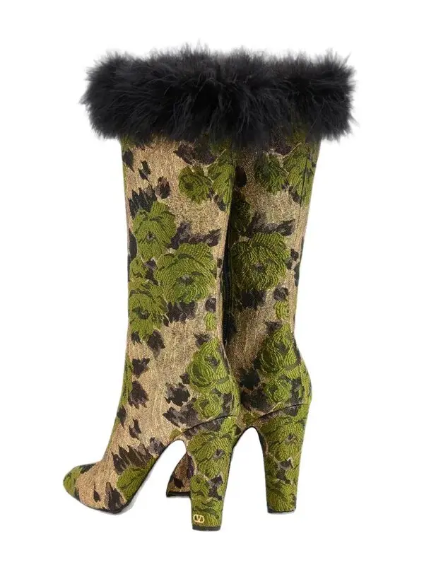 Valentino Garavani Lurex Jacquard Feather Trim Boots - Gold