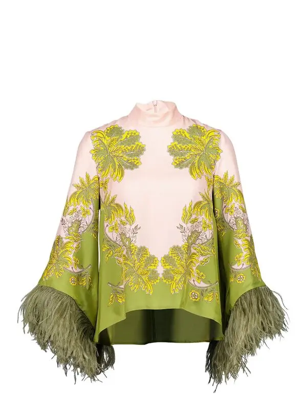La DoubleJ Silk Feather Trimmed Top - Multicolour