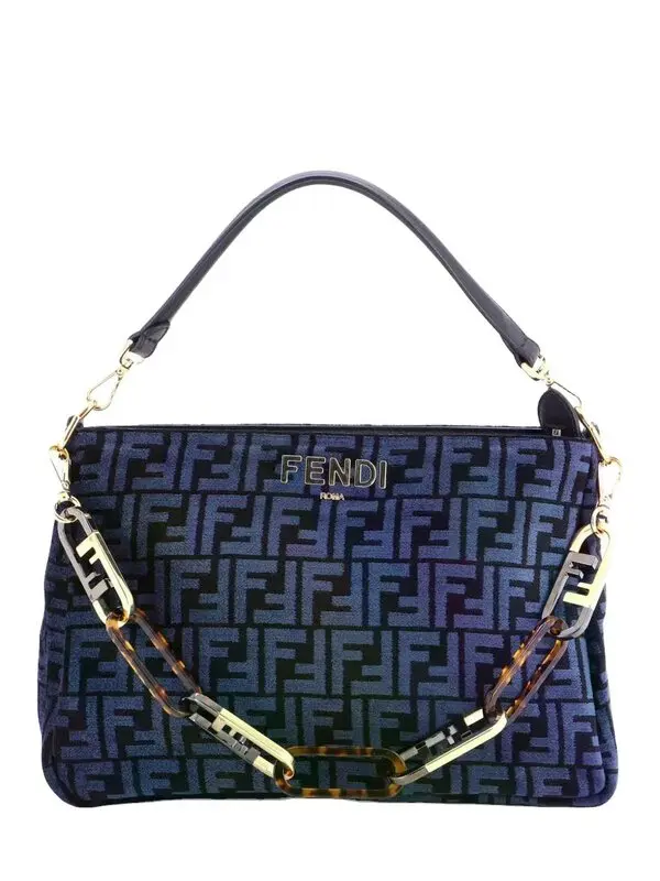Fendi O'lock Zip Shoulder Bag Zucca Chenille Hobo Bag - Blue
