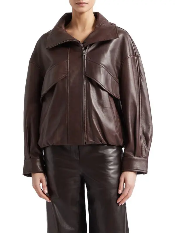Nour Hammour Roland Sculpted Leather Bomber Jacket - Brown