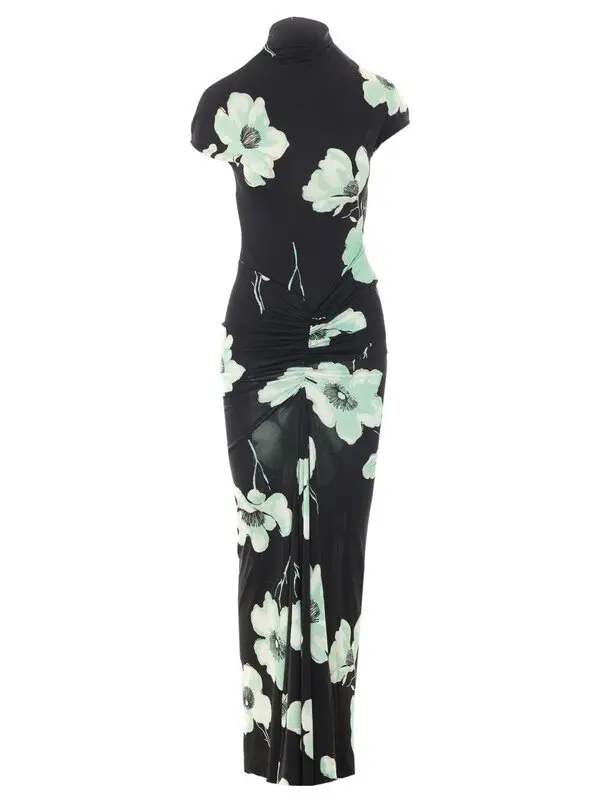 Alaïa Floral Print Draped Gathered Turtleneck Dress - Black