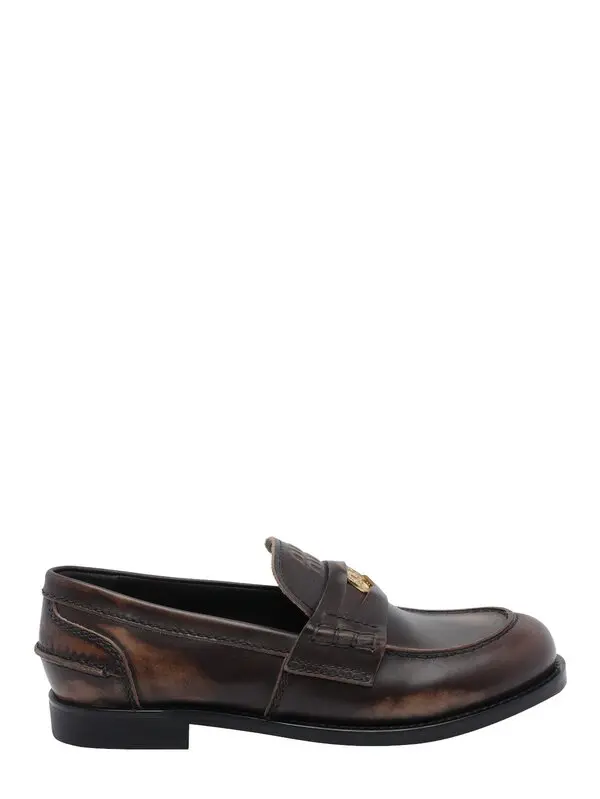 Miu Miu Distressed Calf Leather Penny Loafers - Brown