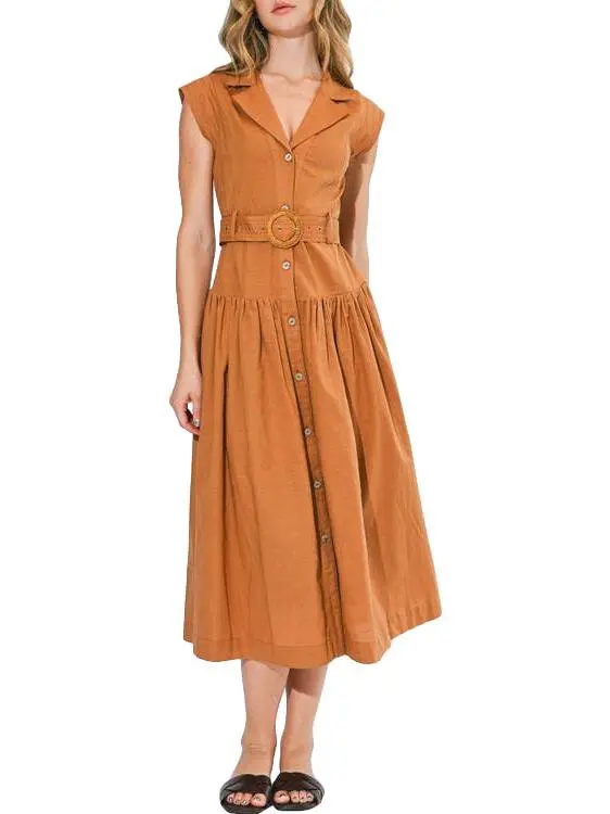 Adelyn Rae Kennedy Belted Midi Shirtdress - Rust
