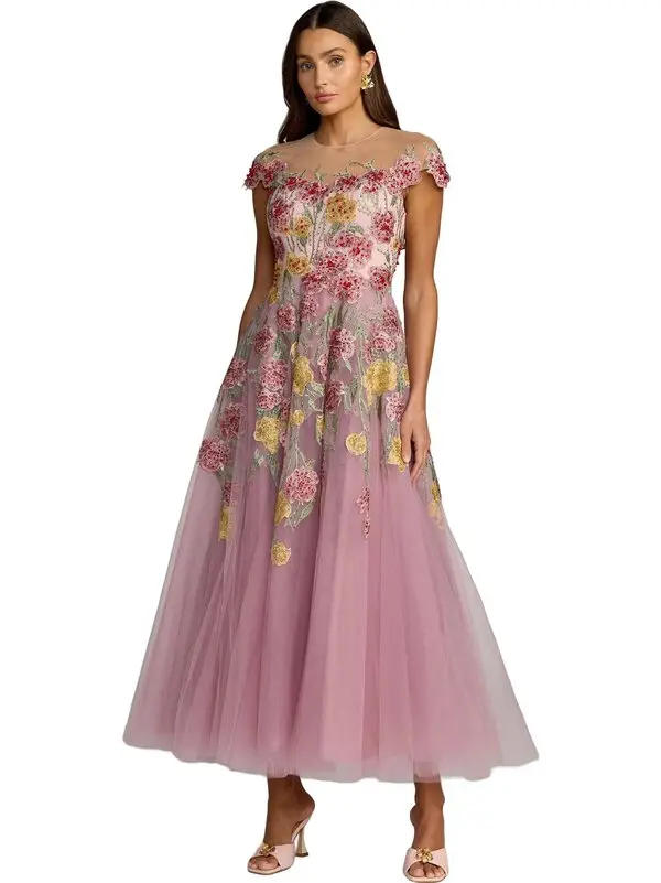 Mac Duggal Embroidered Illusion Sweetheart Midi Dress - Mauve Multi