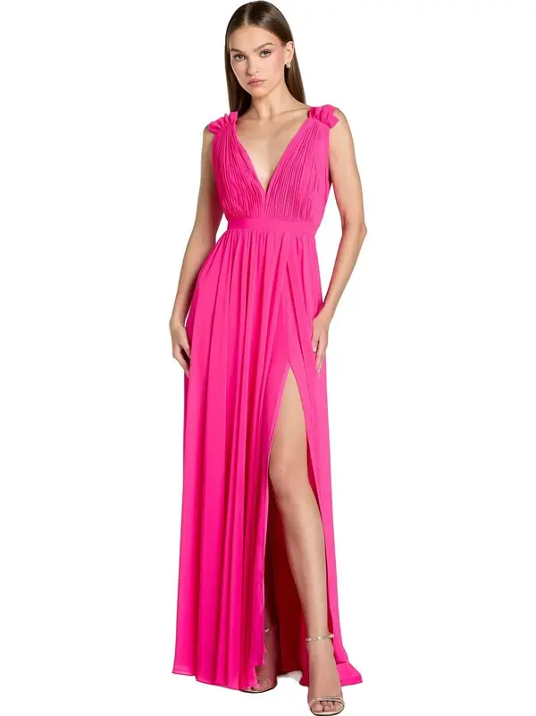 Mac Duggal Sleeveless Pleated Chiffon Gown With Plunging Neckline - Pink