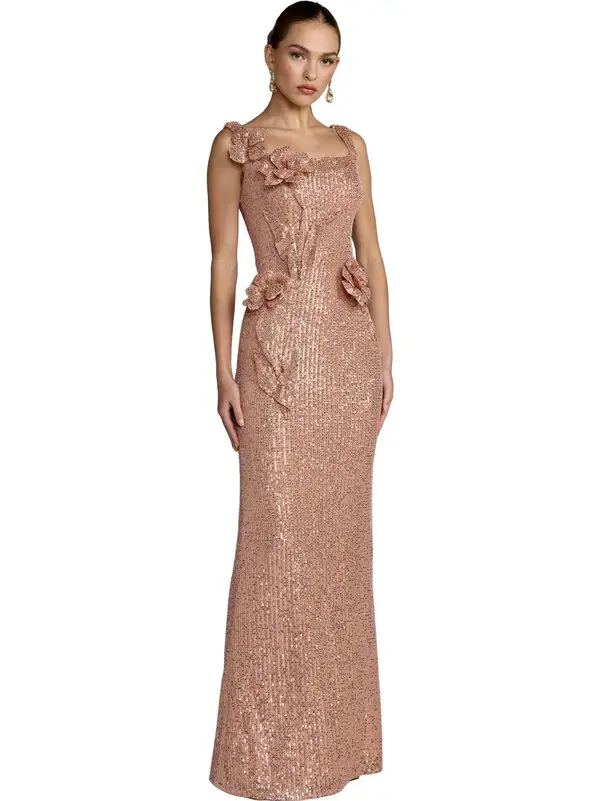 Mac Duggal Sequin Gown With 3d Embellishments - Copper