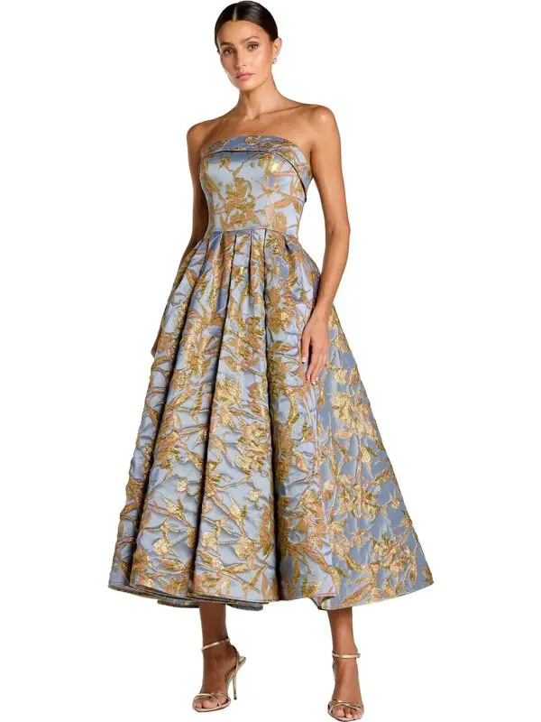 Mac Duggal Strapless Floral Brocade Midi Dress With Pockets - Blue