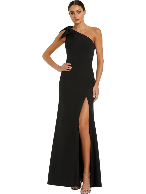 Mac Duggal Petite Crepe One-shoulder Evening Gown With Bow Detail - Black