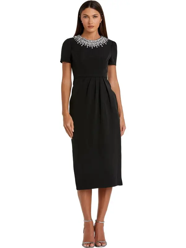 Mac Duggal Petite Short Sleeve Rhinestone Neckline Midi Dress - Black