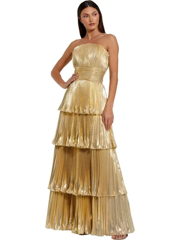 Mac Duggal Petite Strapless Pleated Metallic Layered Ruffle Gown - Gold