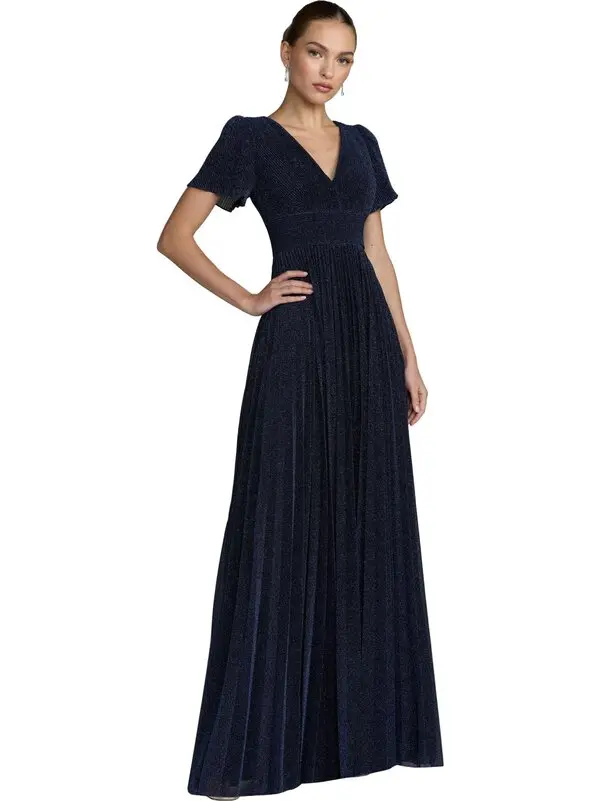 Mac Duggal Petite Pleated Metallic Flutter Sleeve A-line Gown - Navy