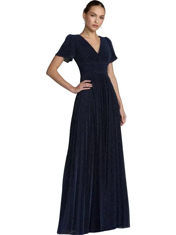 Mac Duggal Metallic Pleated Flutter Sleeve Gown - Navy