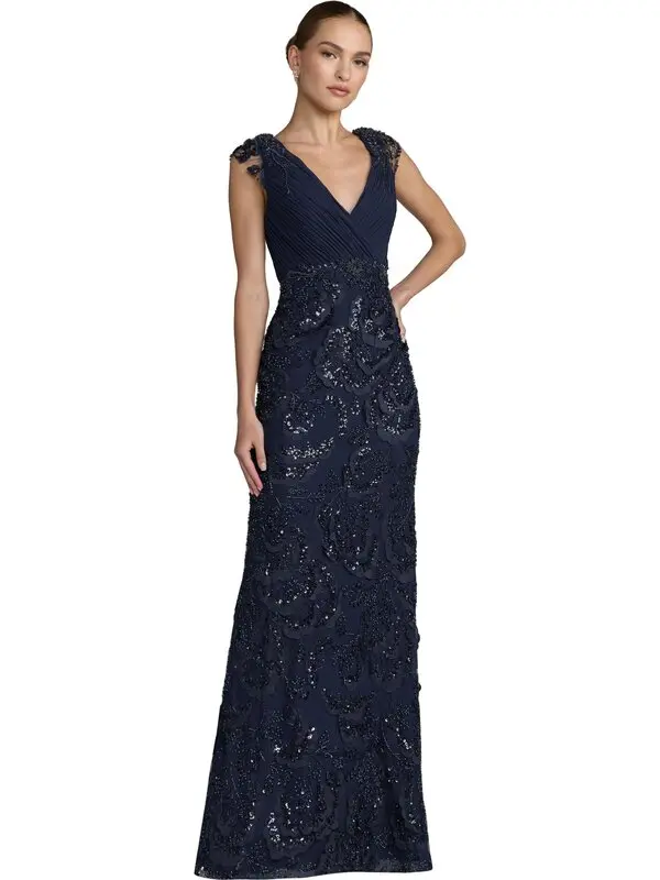 Mac Duggal Embellished Floral Beaded V-neck Evening Gown - Navy
