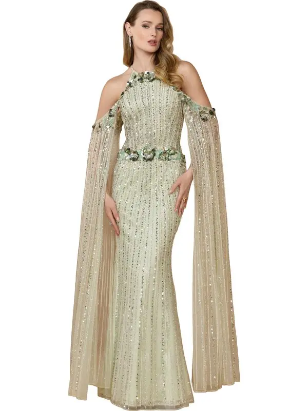 MAC DUGGAL COLLECTION Embellished Cape Sleeve Gown - Seafoam