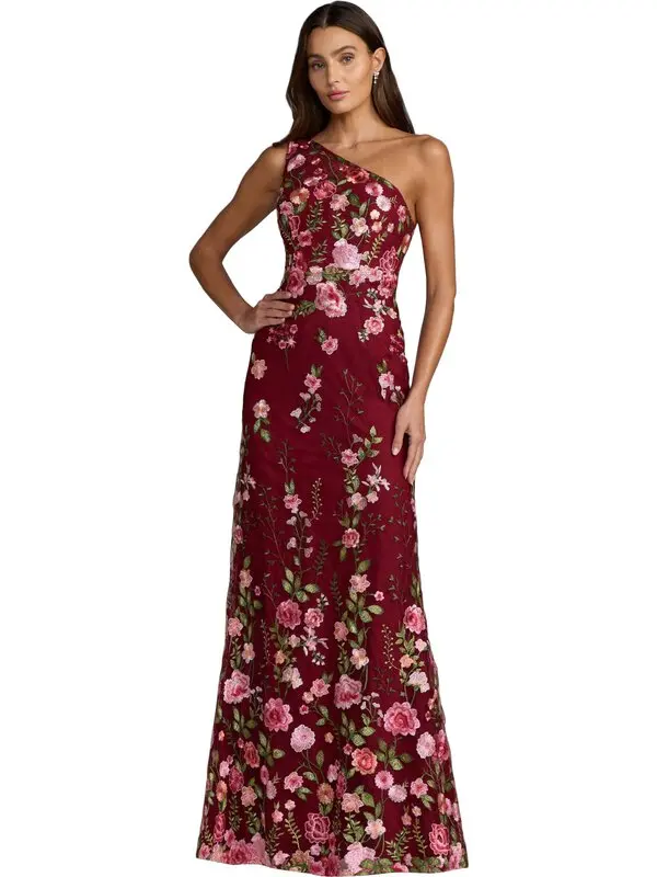 Mac Duggal One Shoulder Floral Embroidered Gown - Red