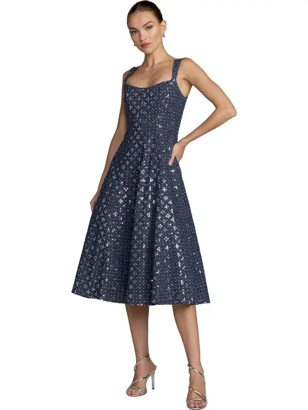 Mac Duggal Sleeveless Sequin A-line Midi Dress - Blue