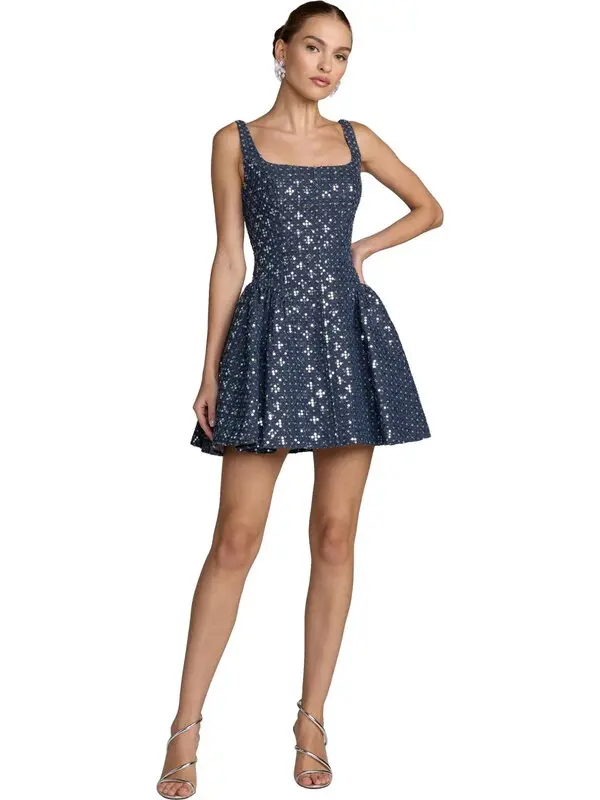 Mac Duggal Sleeveless Sequin Embellished Denim Mini Dress - Blue