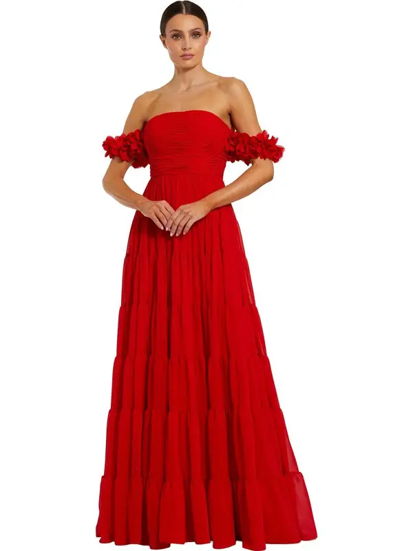 Mac Duggal Off-the-shoulder 3d Floral Applique Gown - Red