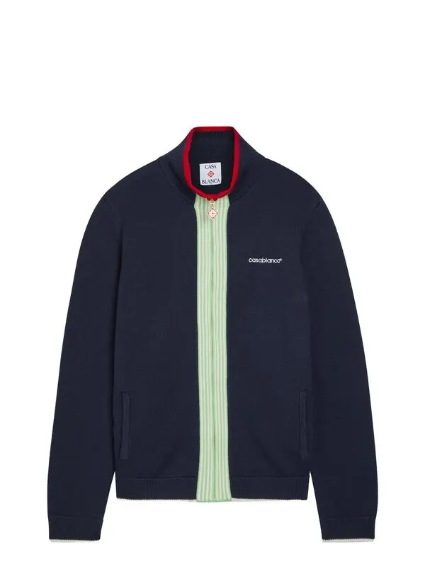 Casablanca Logo Embroidered Fine Knit Wool Track Jacket - Navy