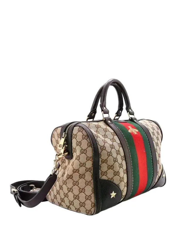 Gucci Vintage Bee Web Boston Bag Gg Canvas Medium Satchel - Brown