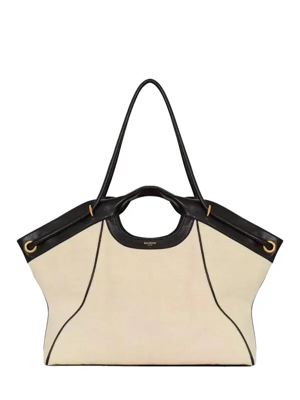 Balmain Large Tote In Smooth Leather And Canvas - Neutrals