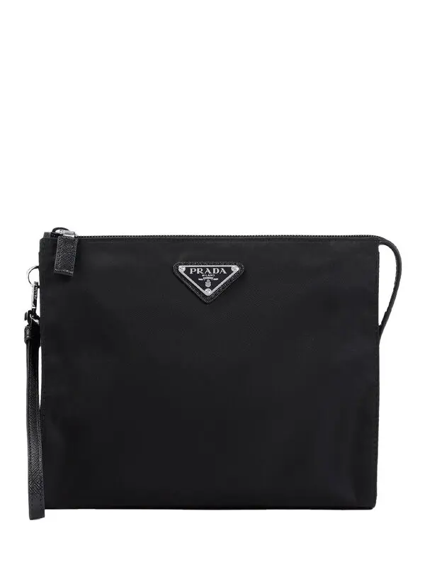 Prada Re-nylon Pouch With Saffiano Leather Wristlet - Black