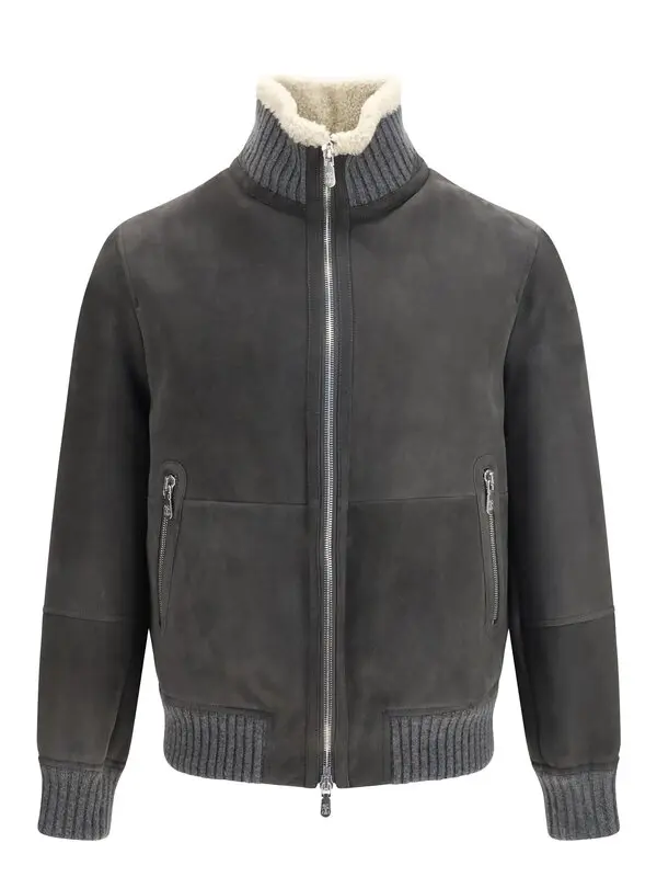 Brunello Cucinelli Shearling Jacket With Zip And High Neck - Gray