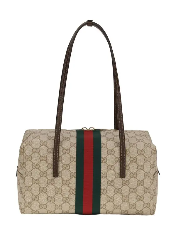 Gucci Medium Boston Melrose Shoulder Bag In Gg Fabric With Web Stripe - Cream