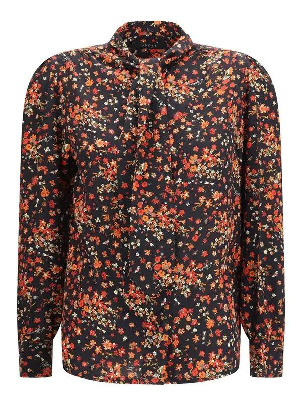 Gucci Silk Flora Print Shirt With Neck Bow - Multicolor
