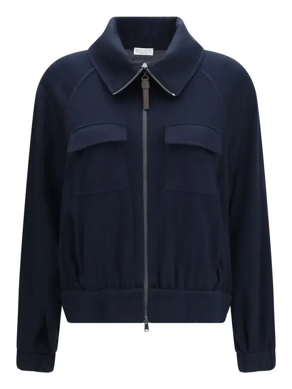 Brunello Cucinelli High-neck Zip-up Cotton And Silk Blend Sweatshirt - Blue
