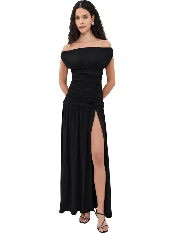 SEVEN WONDERS Iva Maxi Dress Off Shoulder, Sleeveless, Ruched - Black
