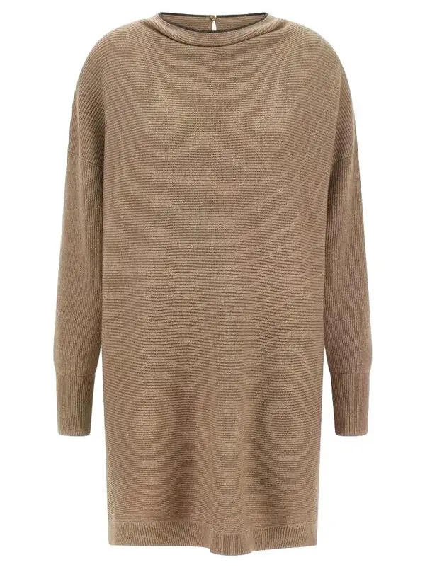 Brunello Cucinelli Beige Ribbed Knit Dress With Monile Embellished Collar - Neutrals