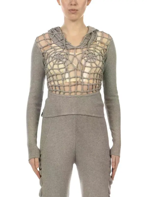 ISA BOULDER Open-knit Floral Motif Hoodie - Grey