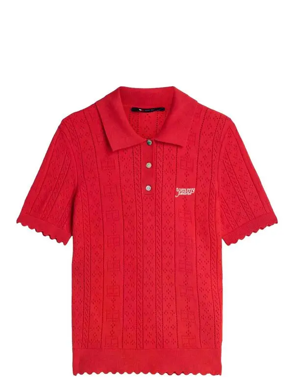 Tommy Hilfiger Pointelle Knit Scalloped Edge Sweater - Red