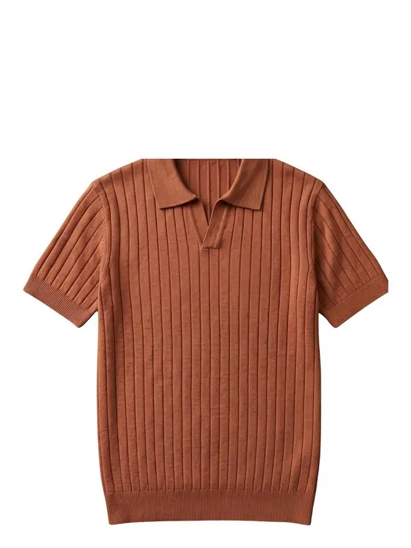 HARMAIN LEATHERS LTD The Ribbed Knit Johnny Collar Polo In Terracotta - Brown