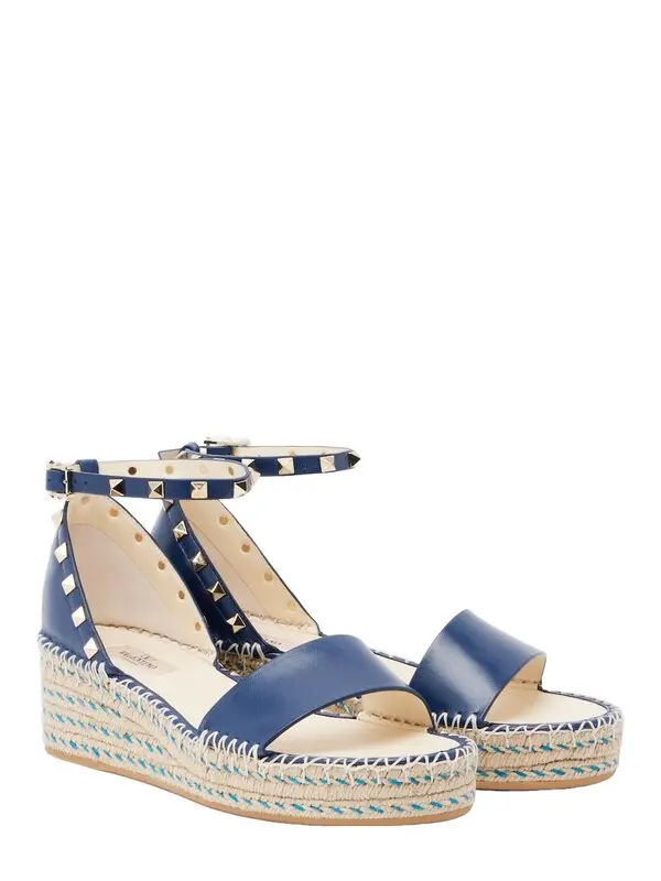 Valentino Garavani Rockstud Leather Espadrille Wedges - Blue