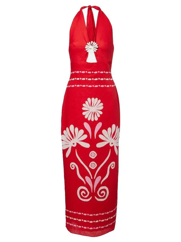 CALA DE LA CRUZ Orly Printed Halterneck Linen Midi Dress - Red