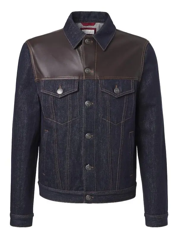 Brunello Cucinelli Leather-trimmed Denim Jacket - Blue