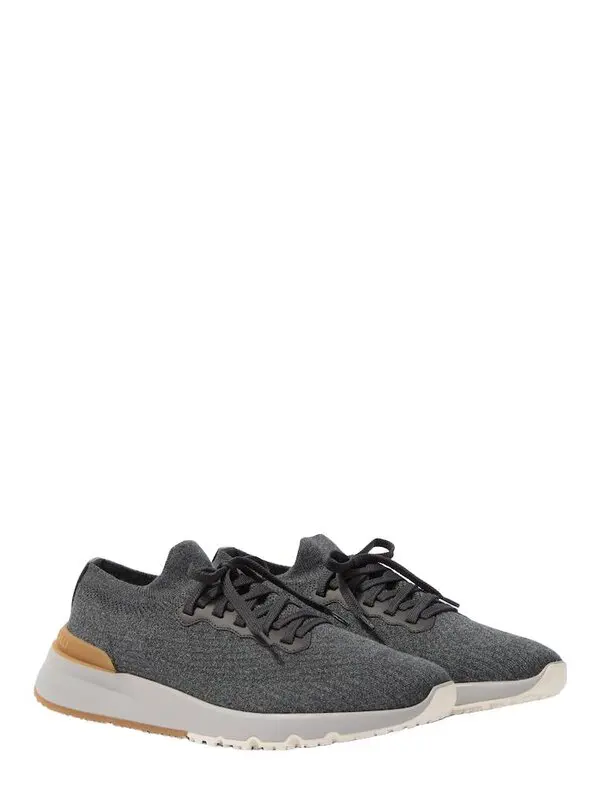 Brunello Cucinelli Fabric And Leather Trimmed Lace-up Sneakers - Grey