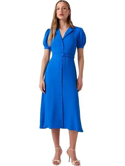 GHOST LONDON Phoebe Crepe Collared Midi Shirt Dress With Puff Sleeves - Blue