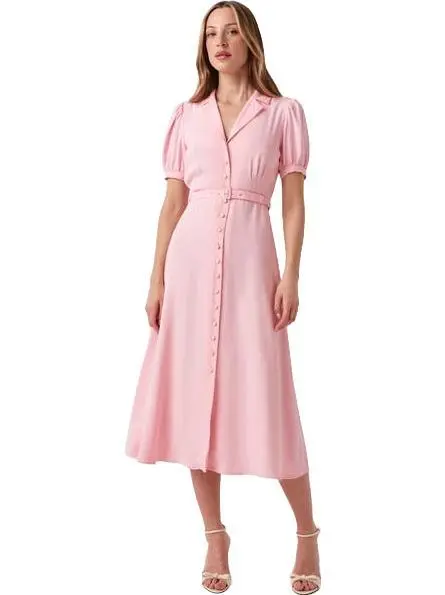 GHOST LONDON Phoebe Crepe Collared Midi Shirt Dress With Puff Sleeves - Pink