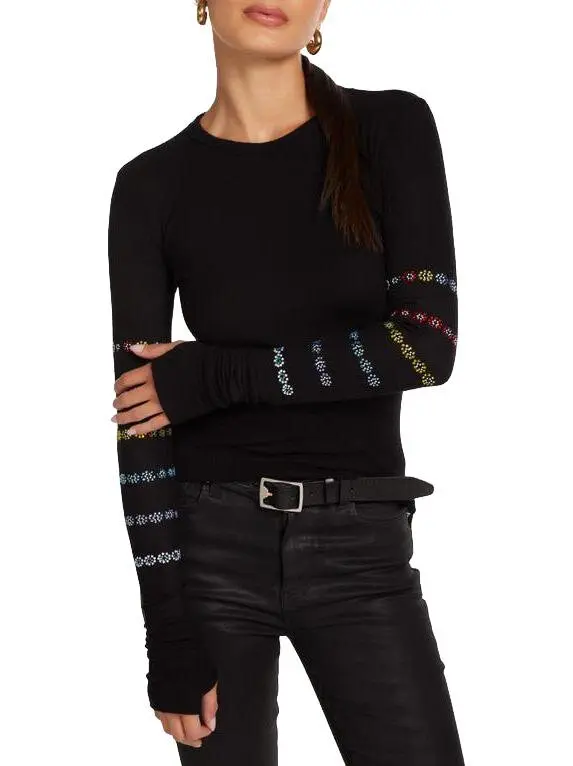 Lauren Moshi Mckinley Crystal Evil Eye Stripe Long Sleeve Top - Black