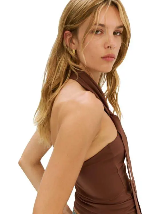 H&m Halterneck Top With Front Tie Detail - Brown