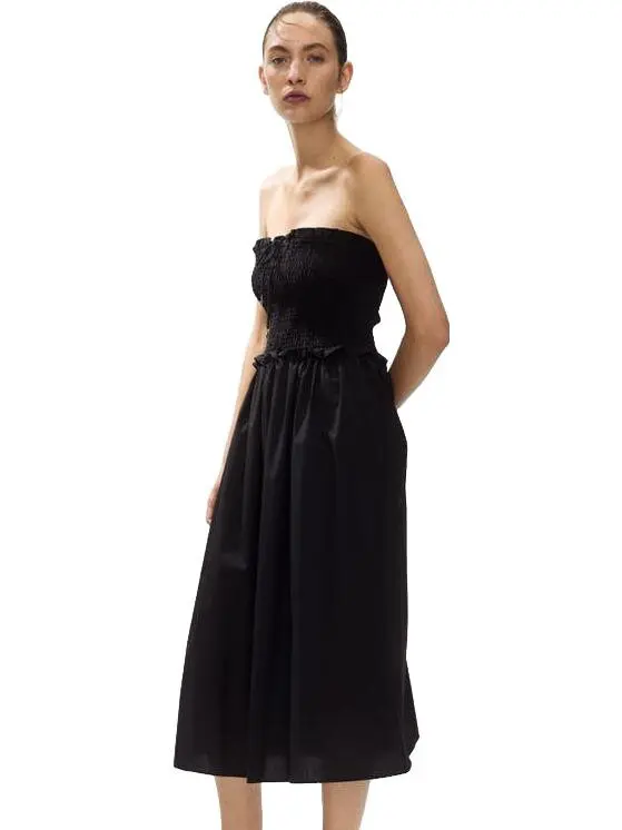 H&M Smocked-bodice Bandeau Midi Dress - Black