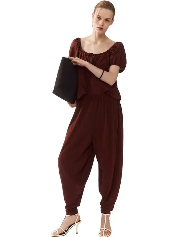 H&m Puff-sleeved Linen-blend Blouse - Rust Brown