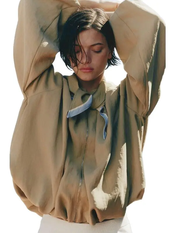 H&m Bubble Hem Jacket With Detachable Scarf - Beige