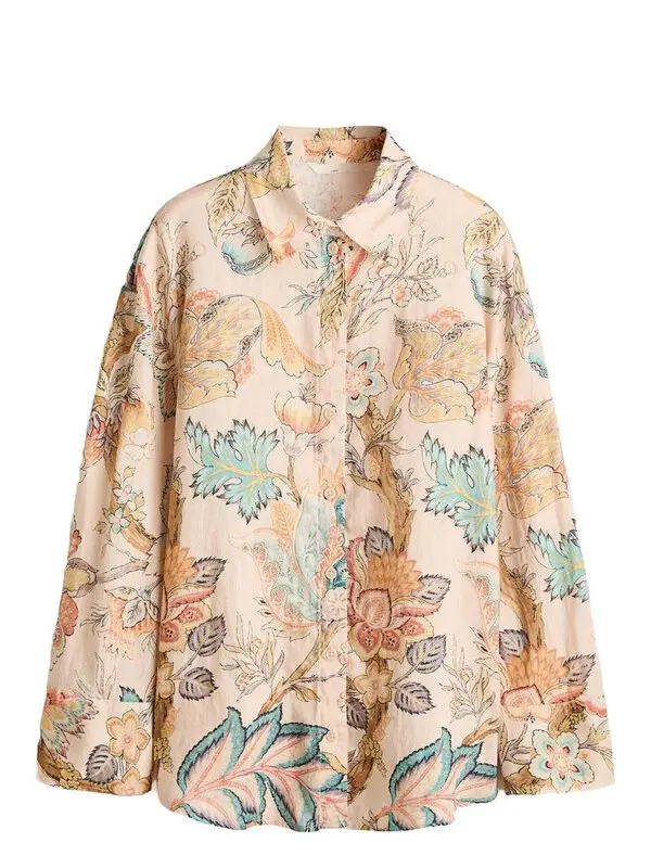 H&m Oversized Printed Linen Shirt - Light Beige/floral
